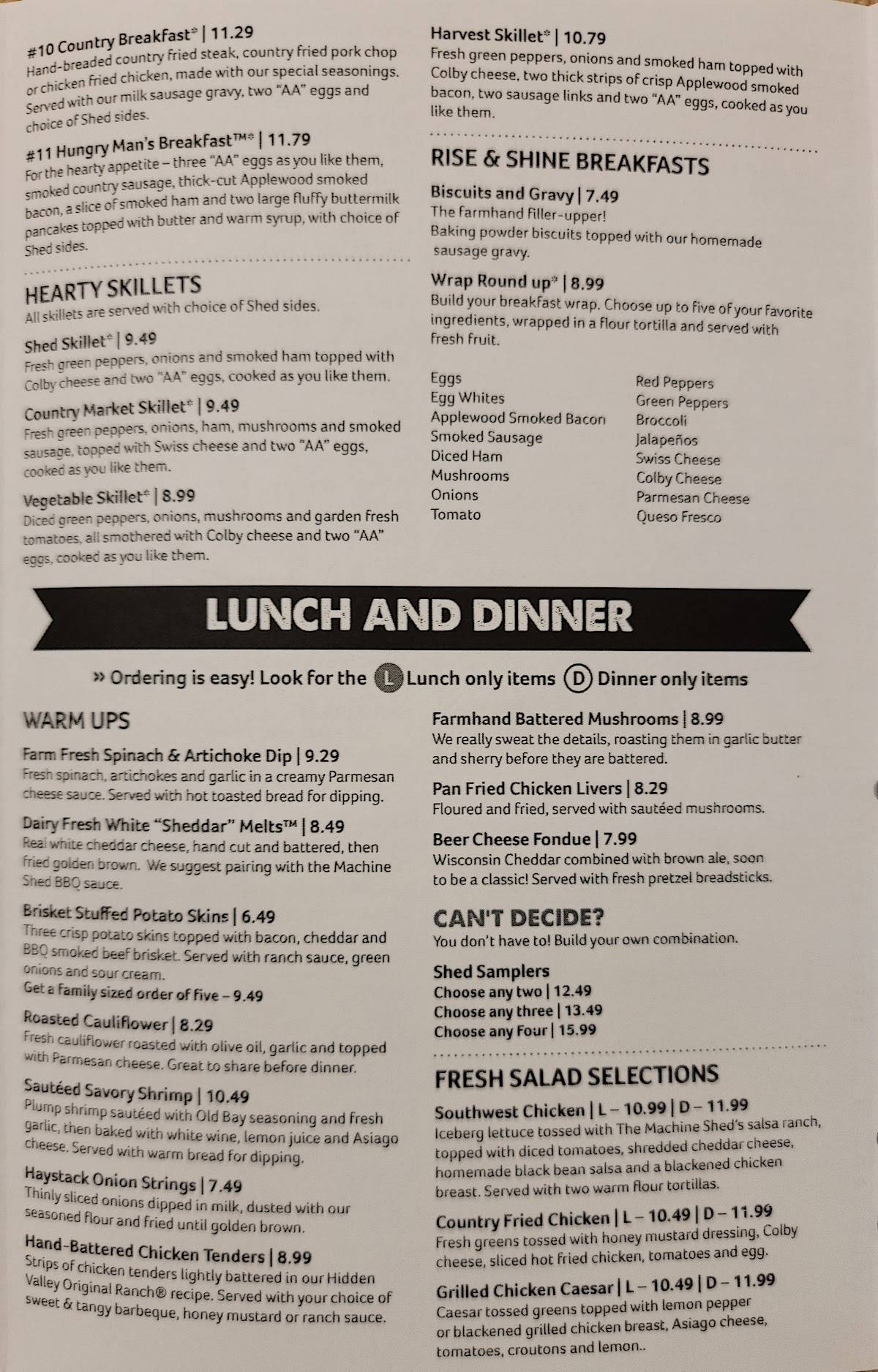 Menu at Machine Shed Restaurant, Rockford