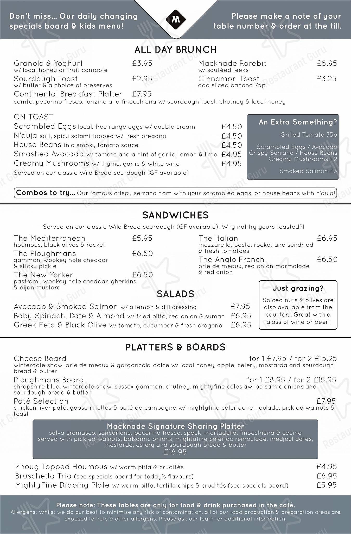 Menu at Macknade cafe, Faversham