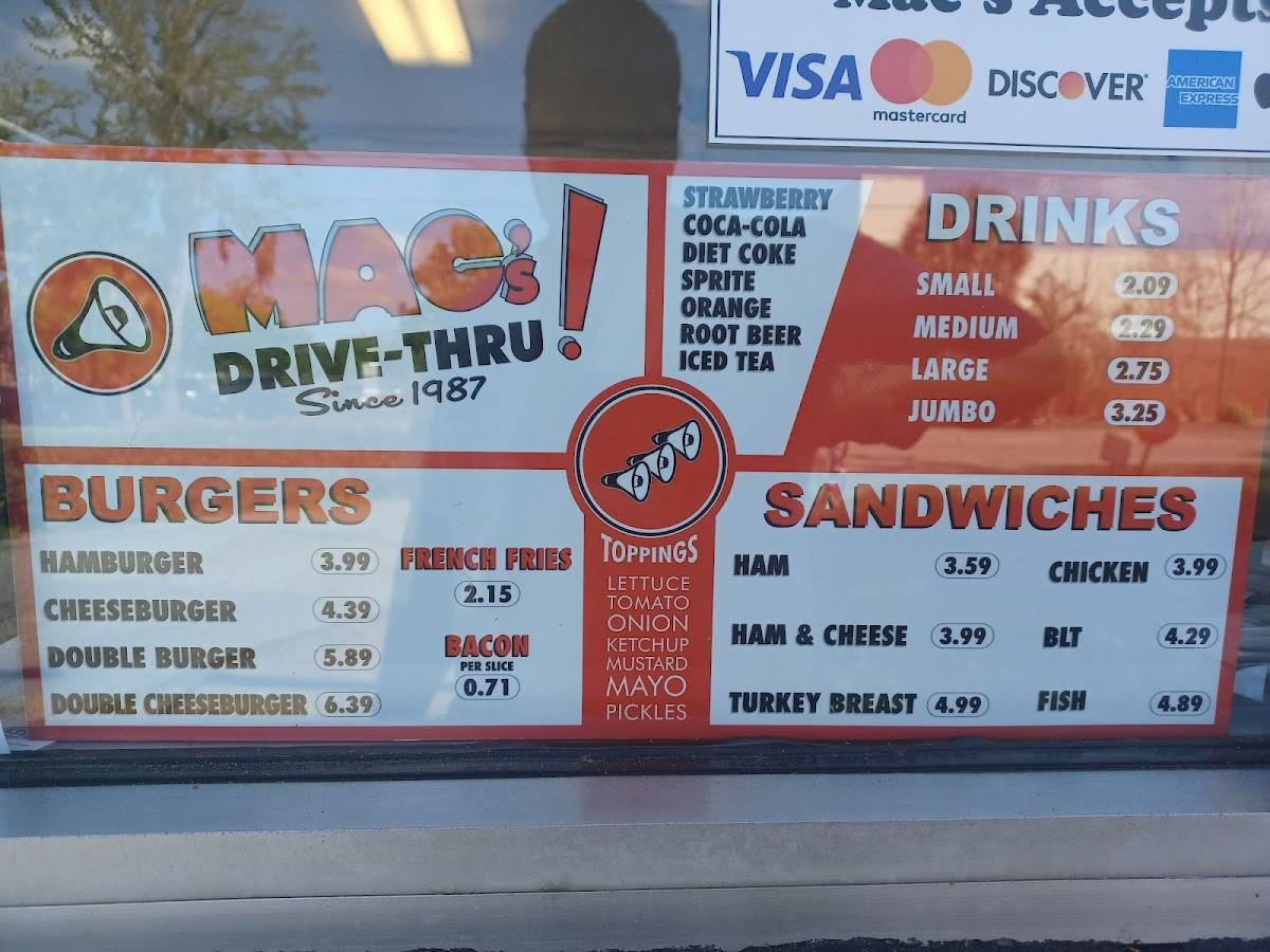 Menu at Mac's Drive Thru fast food, Gainesville