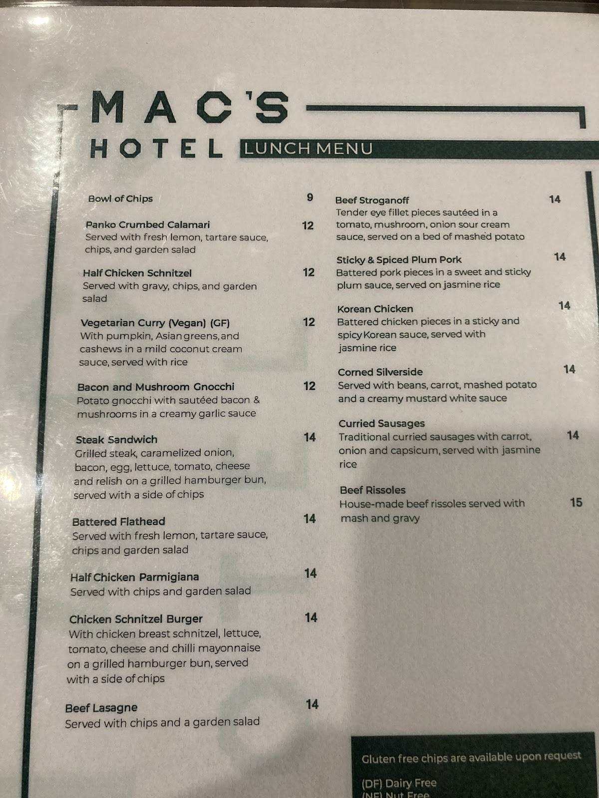 Menu at Macs Hotel pub & bar, Portland