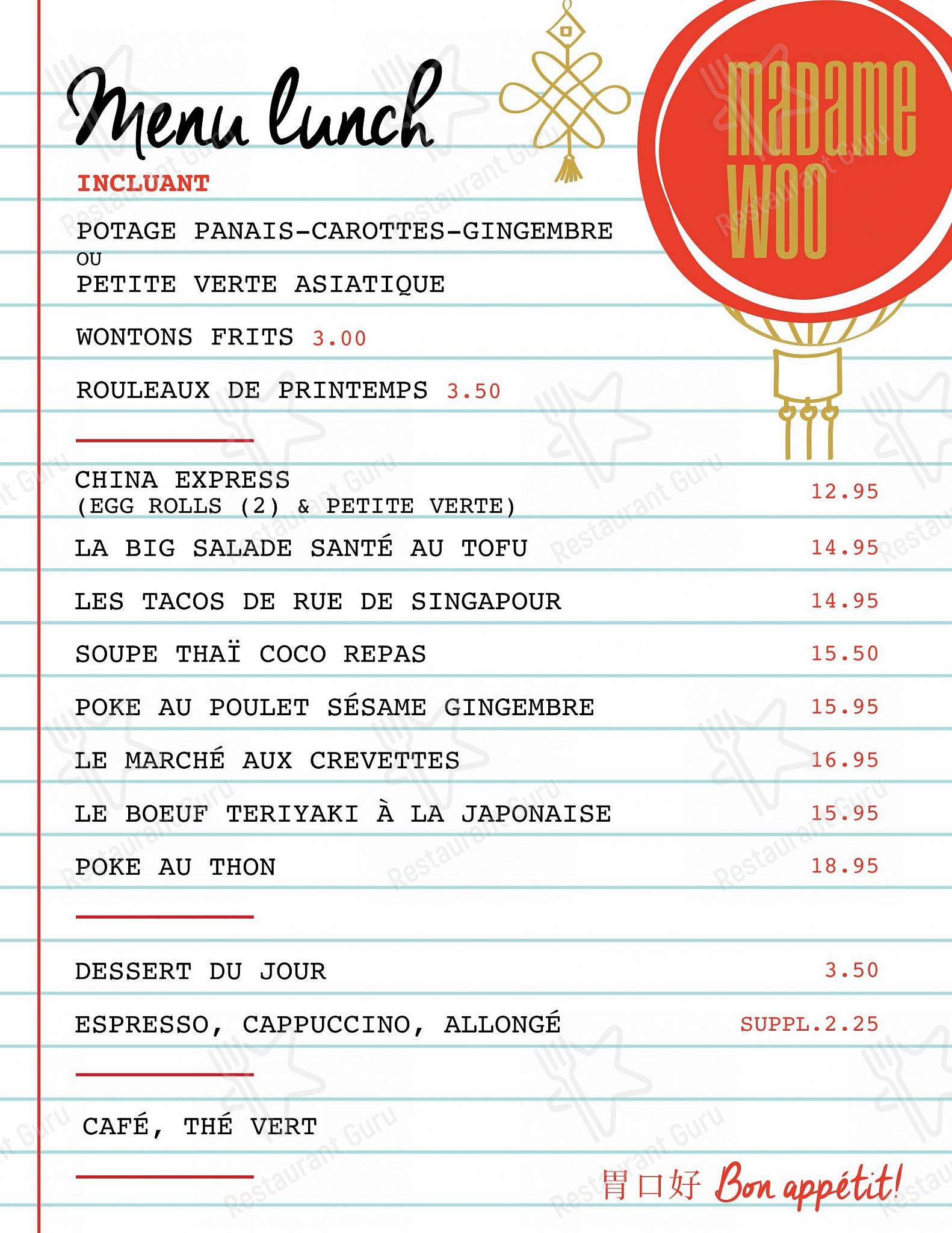 Menu au Madame Woo pub et bar, Trois-Rivières