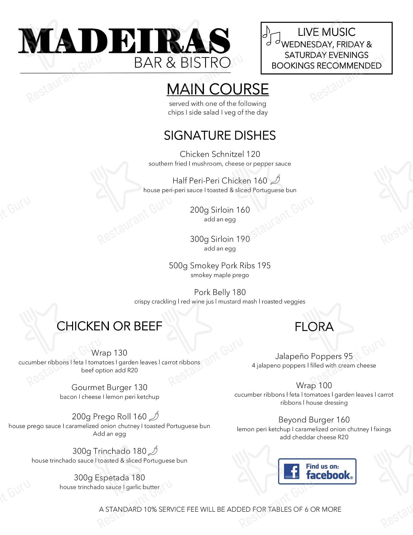 Menu at Madeiras Bar & Bistro, Cape Town
