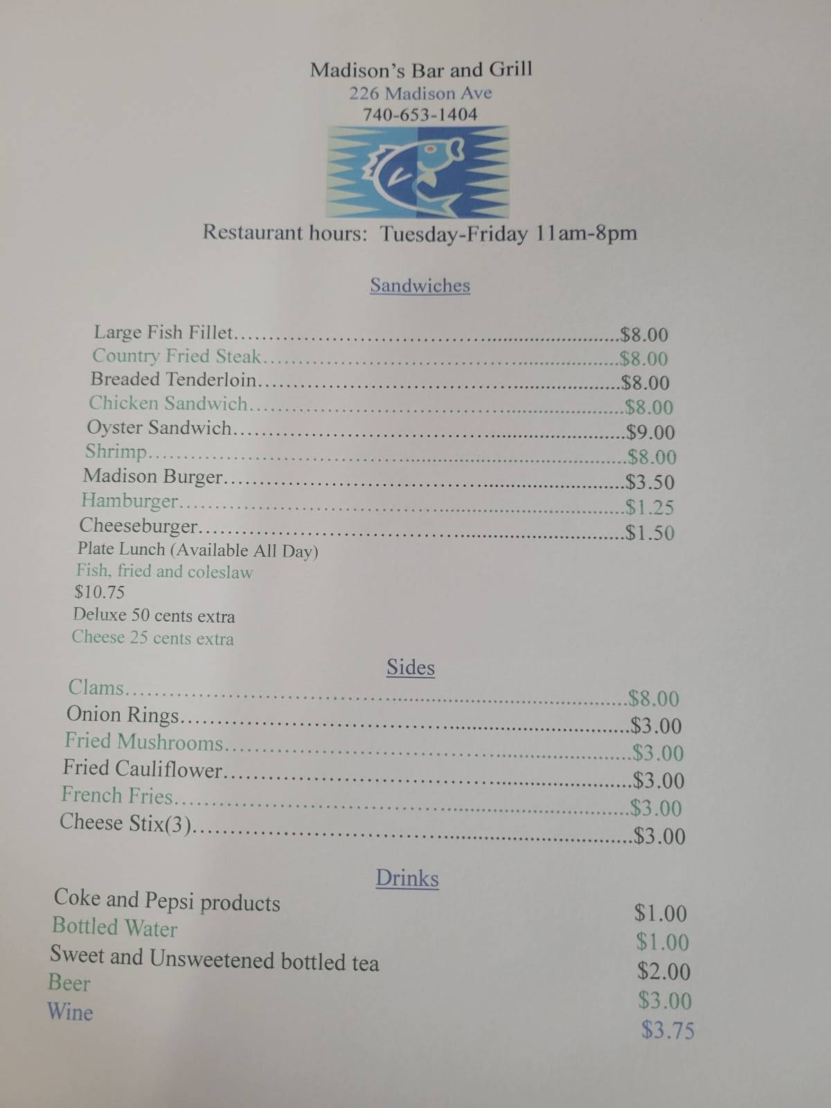 Menu at Madison's Bar & Grill, Lancaster