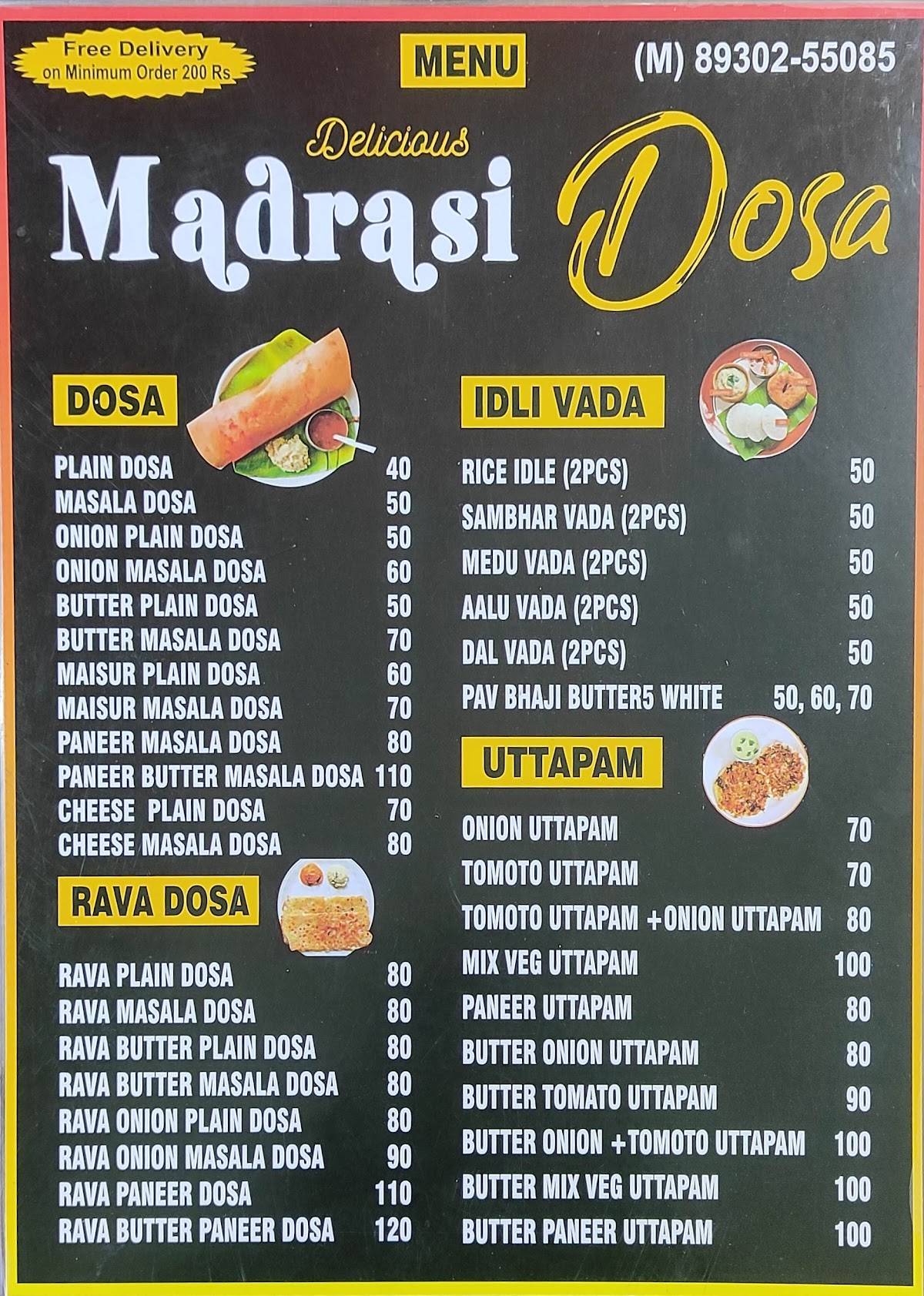 Menu at Madrasi Dosa, Raja Sansi