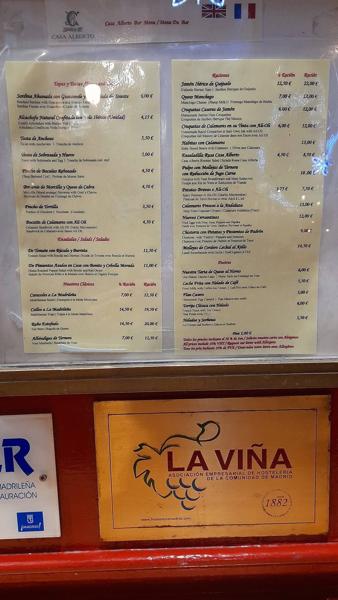 Carta del restaurante Casa Alberto, Madrid, Calle del Las Huertas