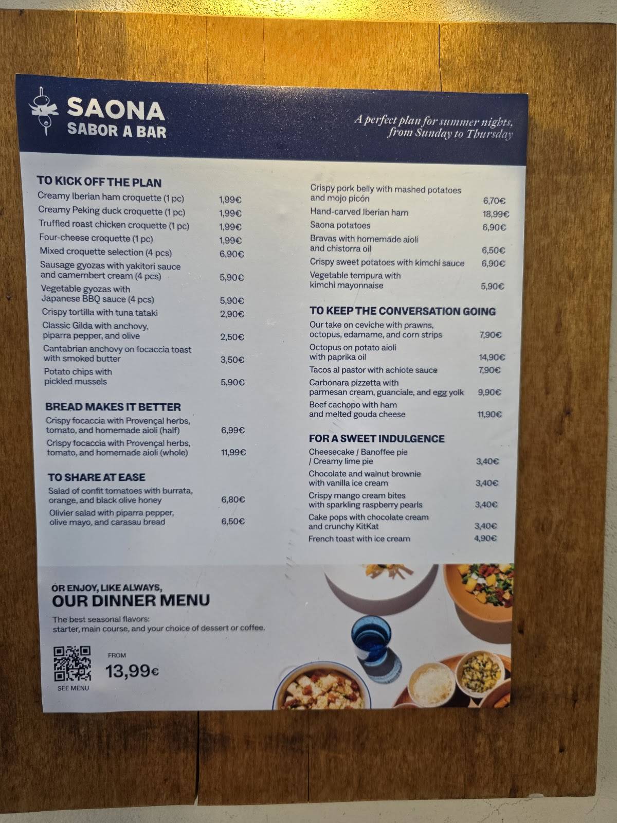 Carta del restaurante Saona Chamberí, Madrid