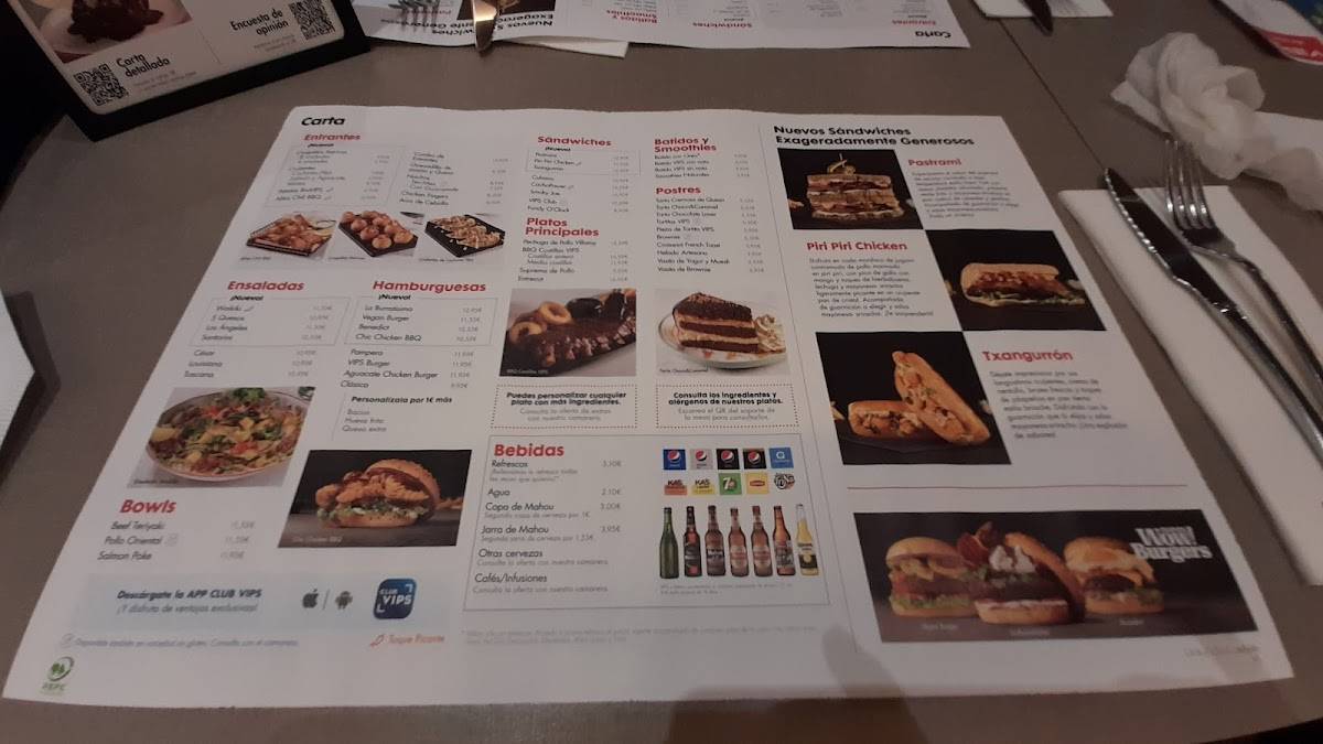Menu at VIPS restaurant, Madrid, C. de Alberto Aguilera