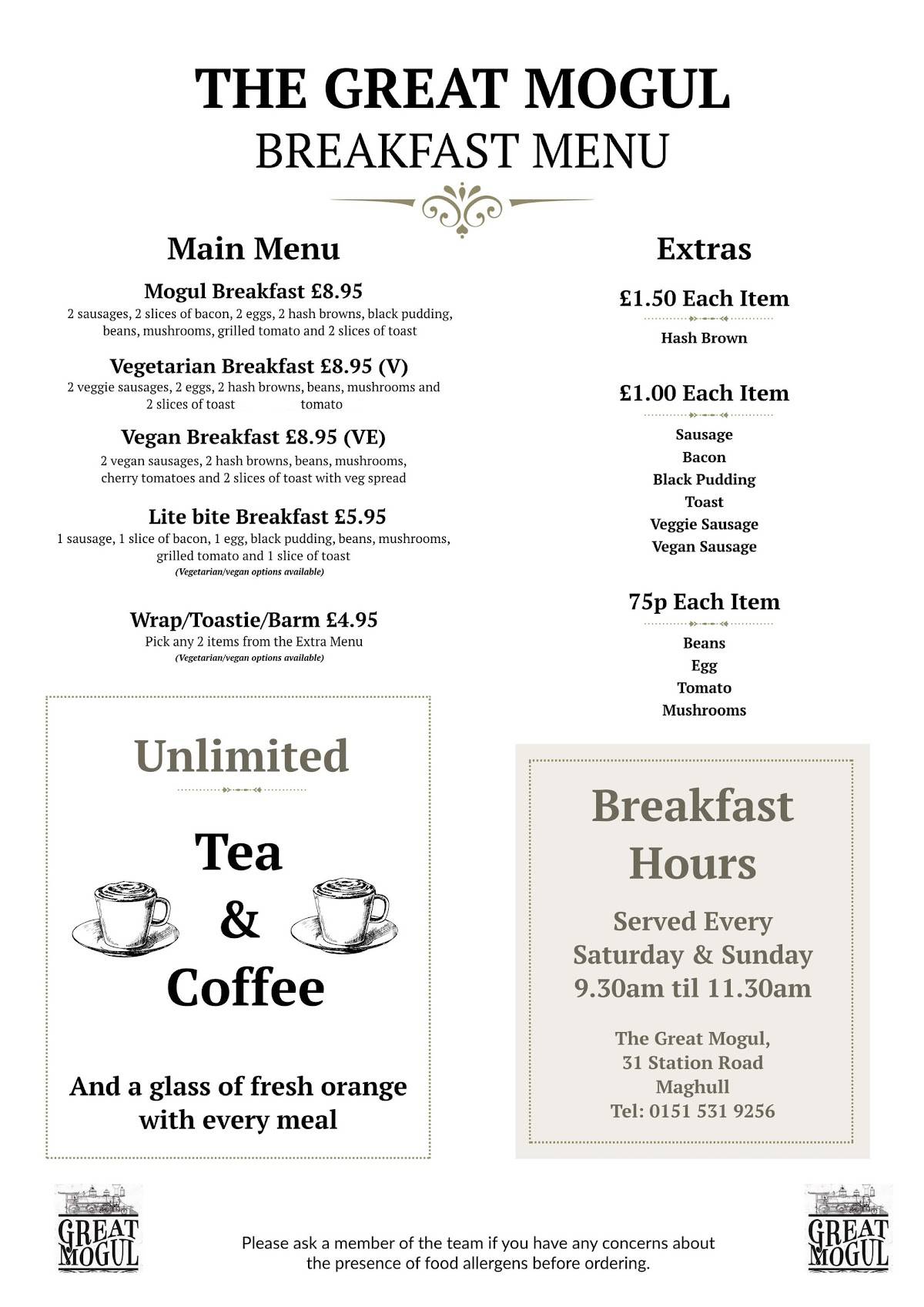 Menu at Great Mogul pub & bar, Maghull, 31 Station Rd