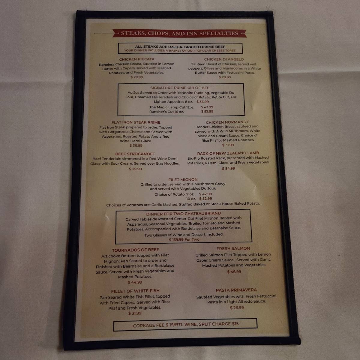 Menu at Magic Lamp Inn steakhouse, Rancho Cucamonga
