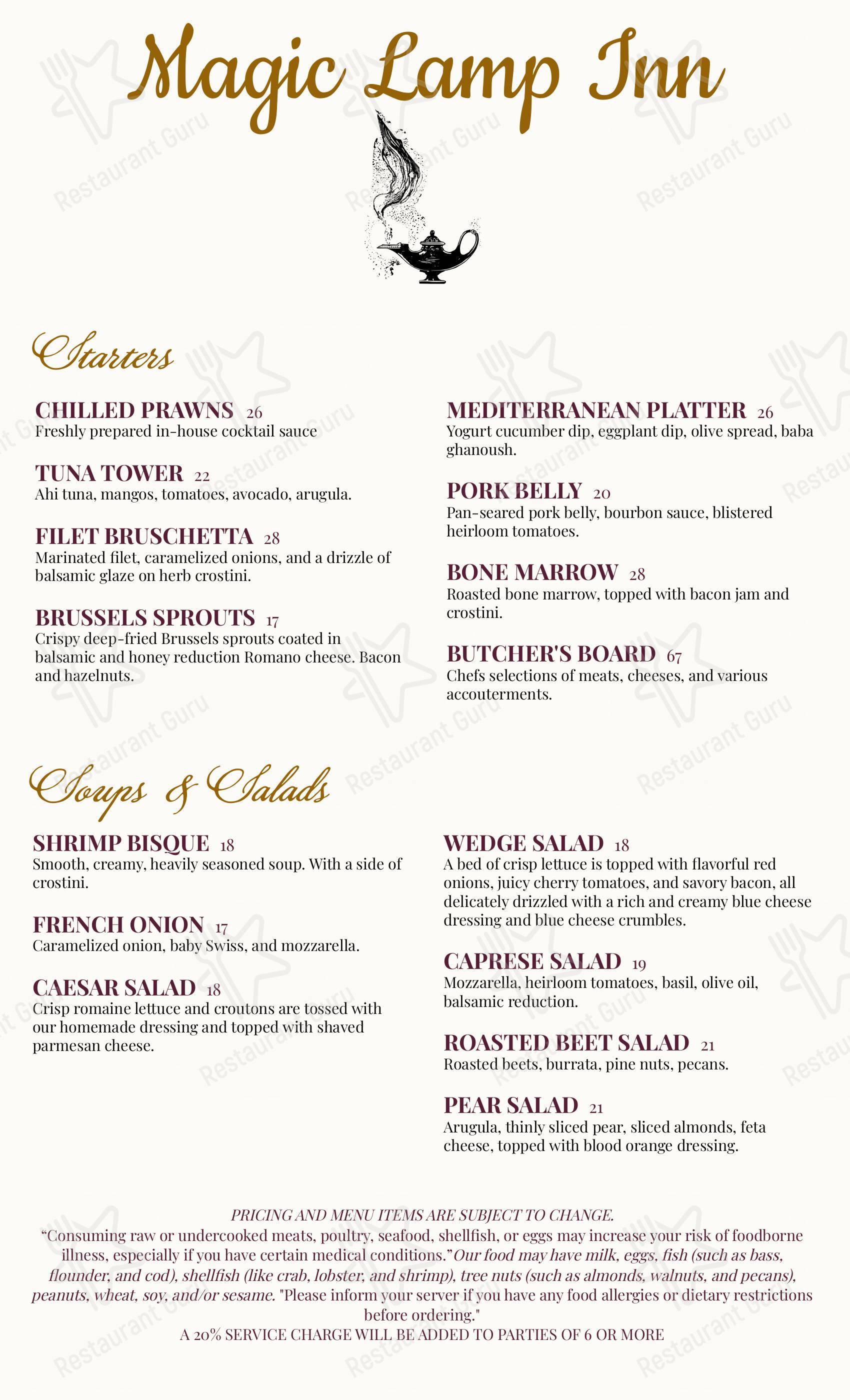 Menu at Magic Lamp Inn steakhouse, Rancho Cucamonga