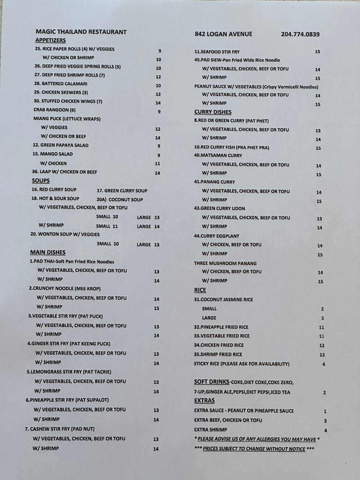 Menu at Magic Thailand Restaurant, Winnipeg