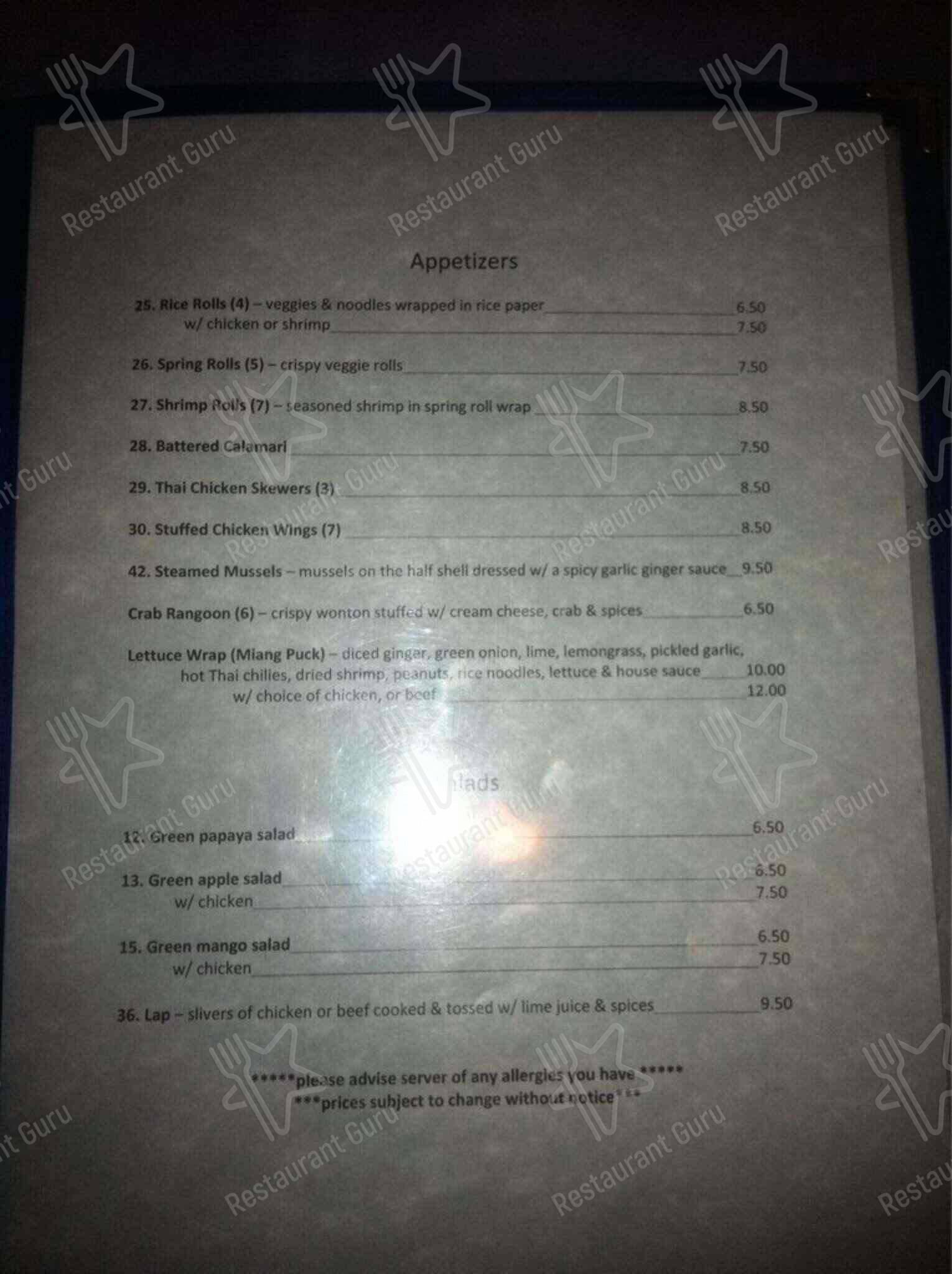 Menu at Magic Thailand Restaurant, Winnipeg