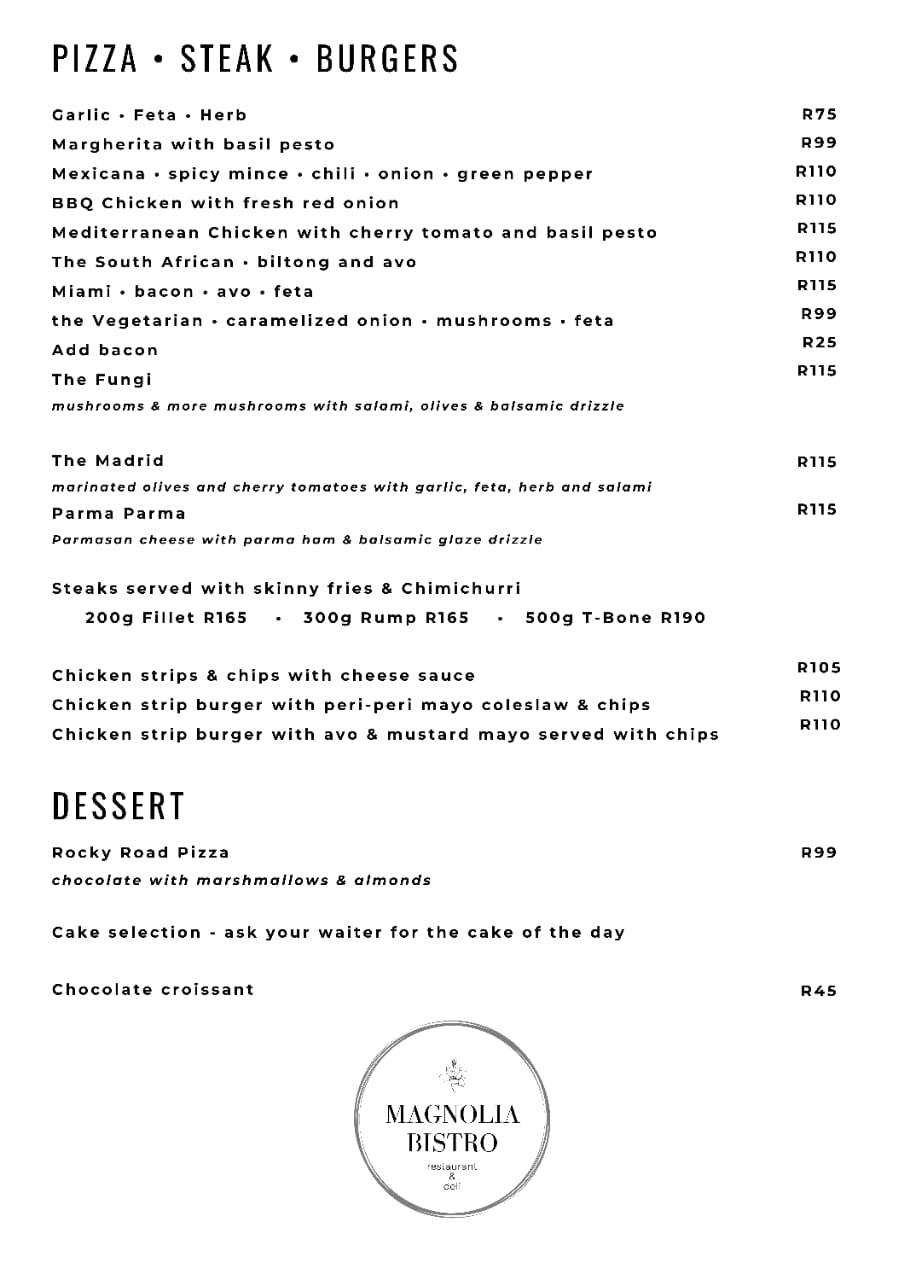 Menu at Magnolia Bistro restaurant, Tzaneen