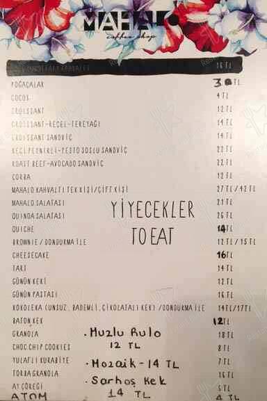 Menu at Mahalo Cafe, Istanbul