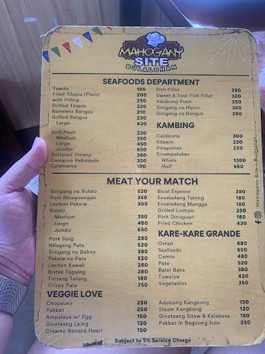 Menu at Mahogany Site by D'BAS restaurant, Tagaytay