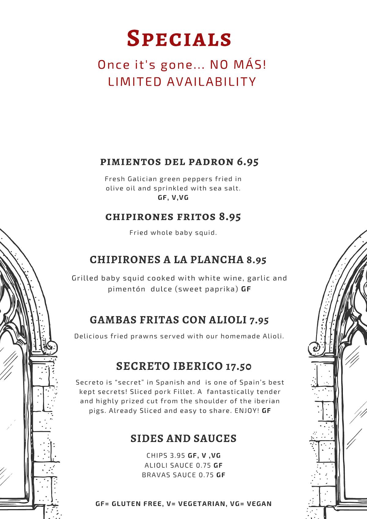 Menu at La Taberna restaurant, Maidstone