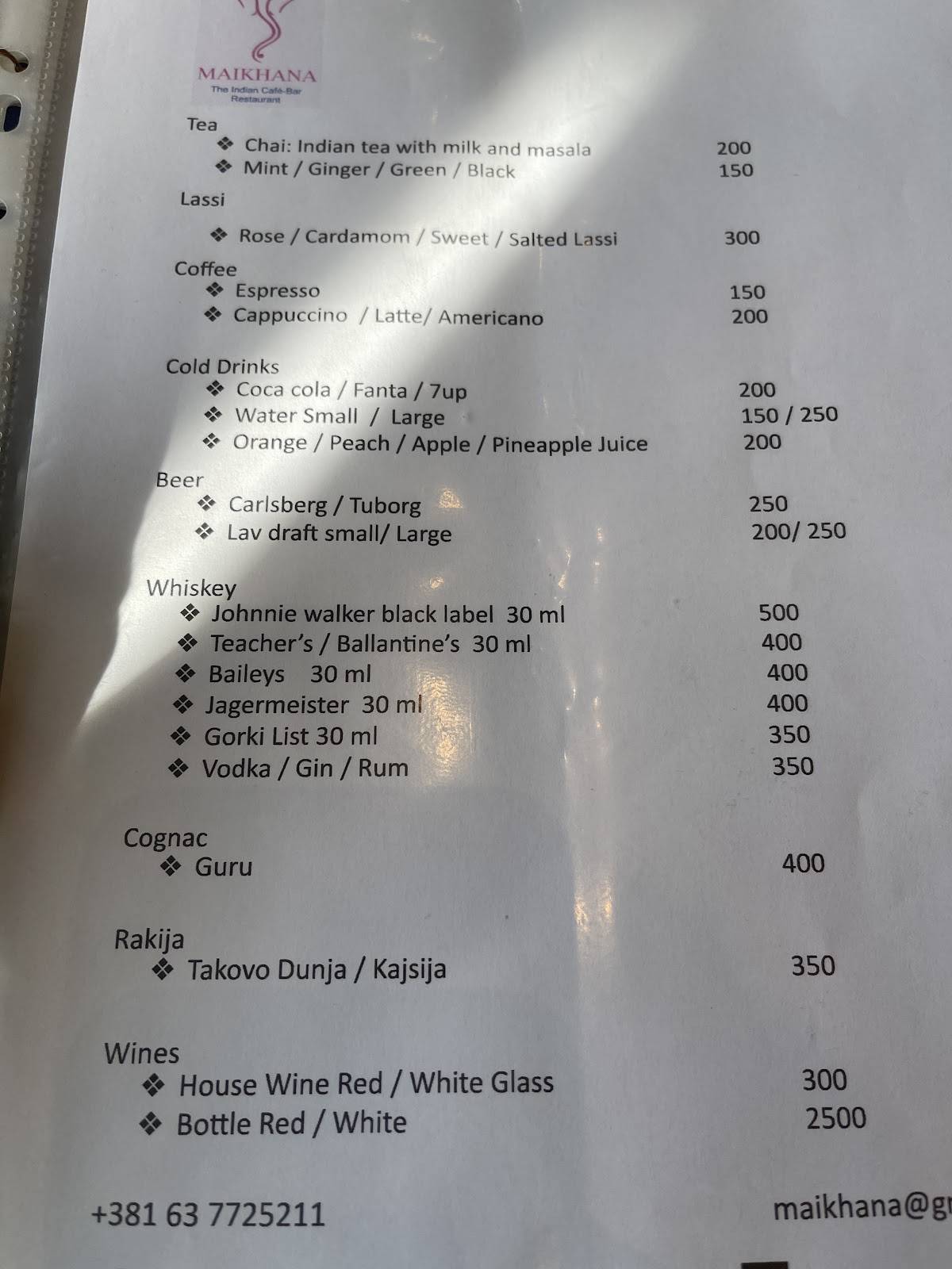 Menu at Maikhana The Indian cafe bar restaurant, Belgrade