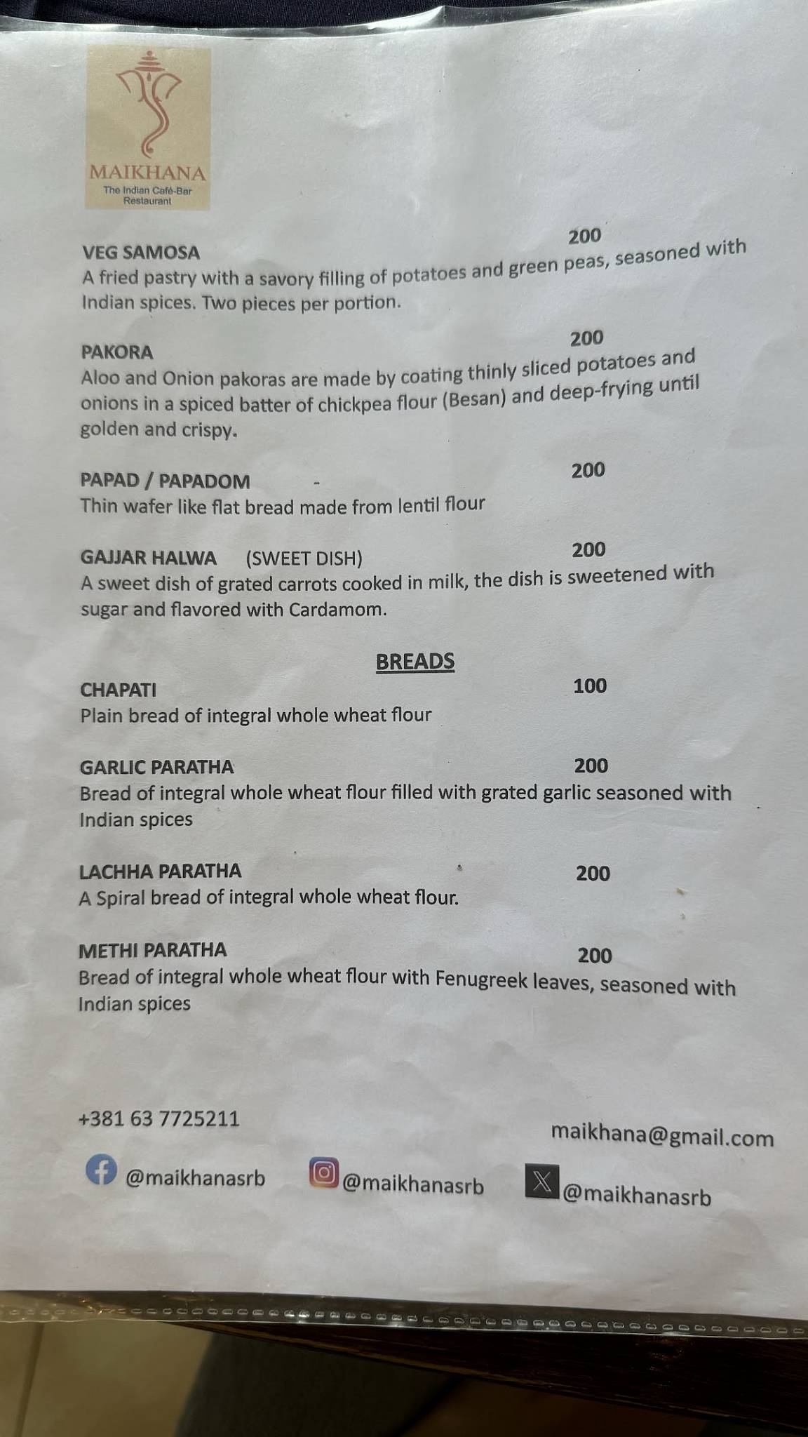 Menu at Maikhana The Indian cafe bar restaurant, Belgrade