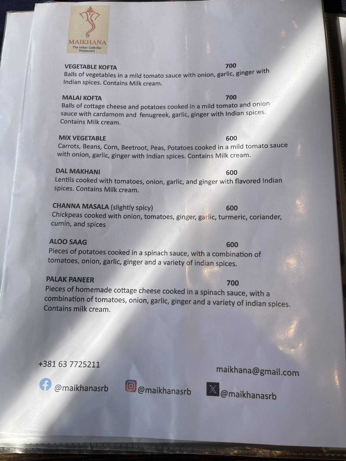 Menu at Maikhana The Indian cafe bar restaurant, Belgrade