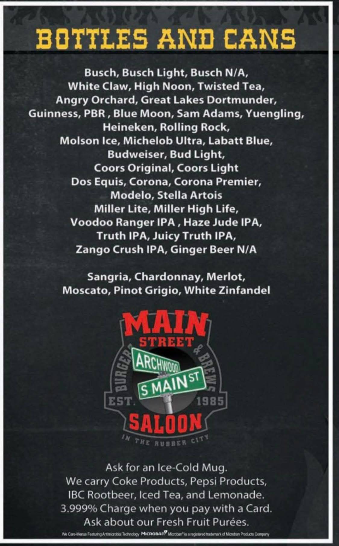 Menu at Main Street Saloon pub & bar, Akron