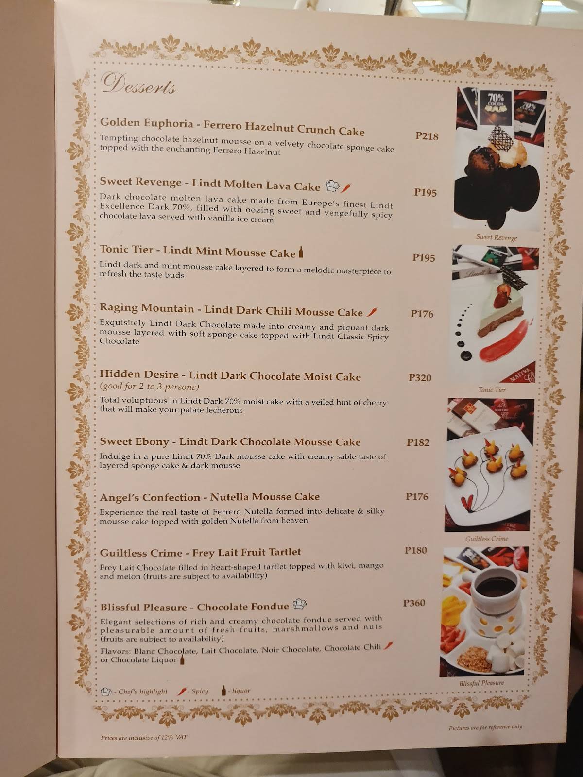 Menu at Maitre Chocolatier cafe, Philippines