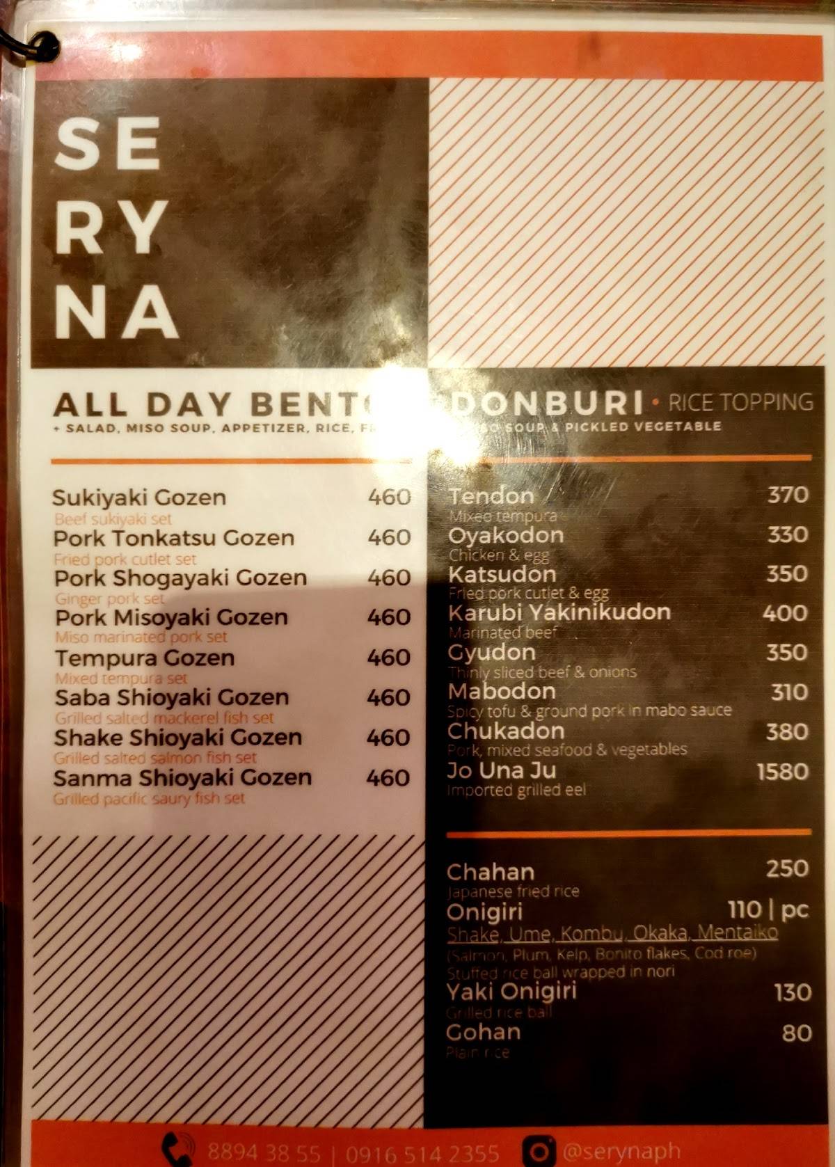 Menu at Seryna Japanese Restaurant, Makati, Chino Roces Ave