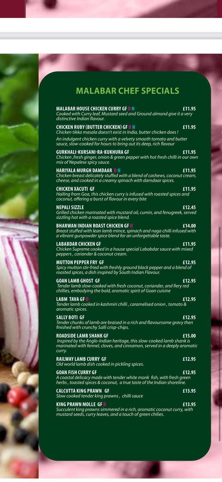 Menu at Malabar Indian Restaurant, Cranleigh