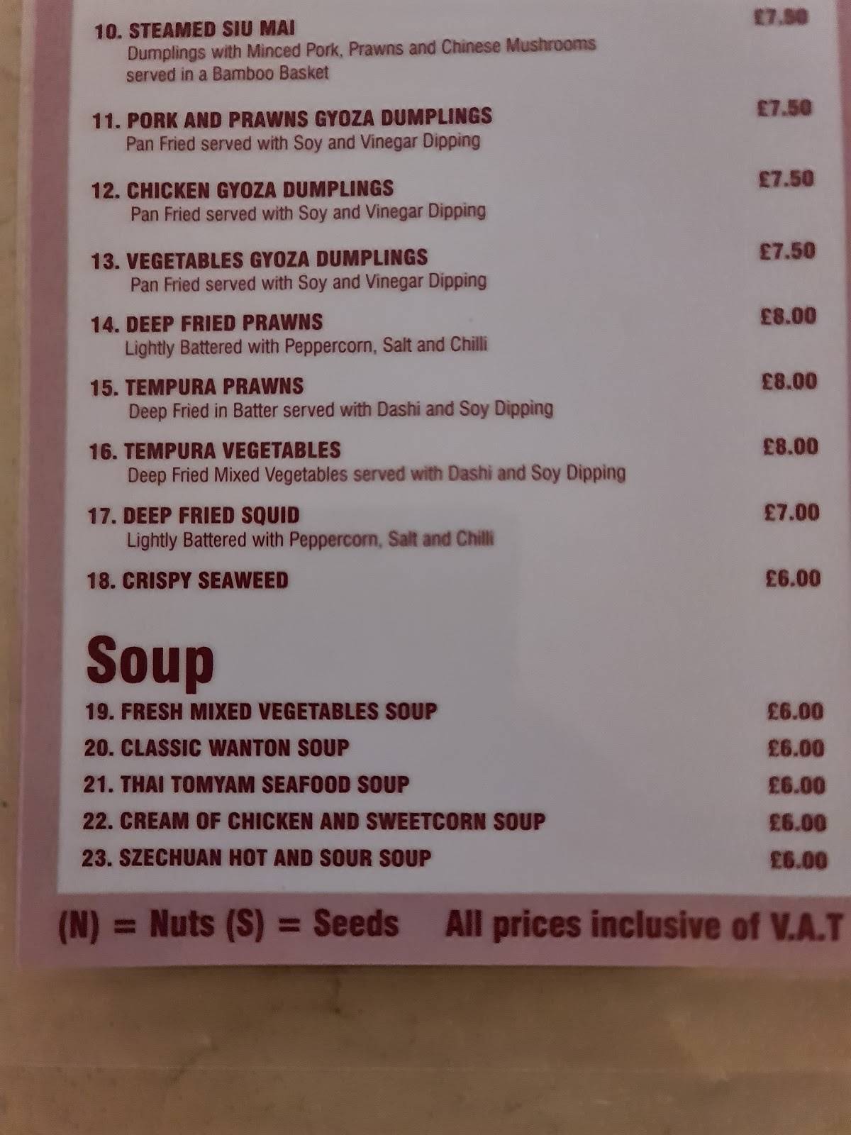 Menu at Malacca restaurant, Farnborough