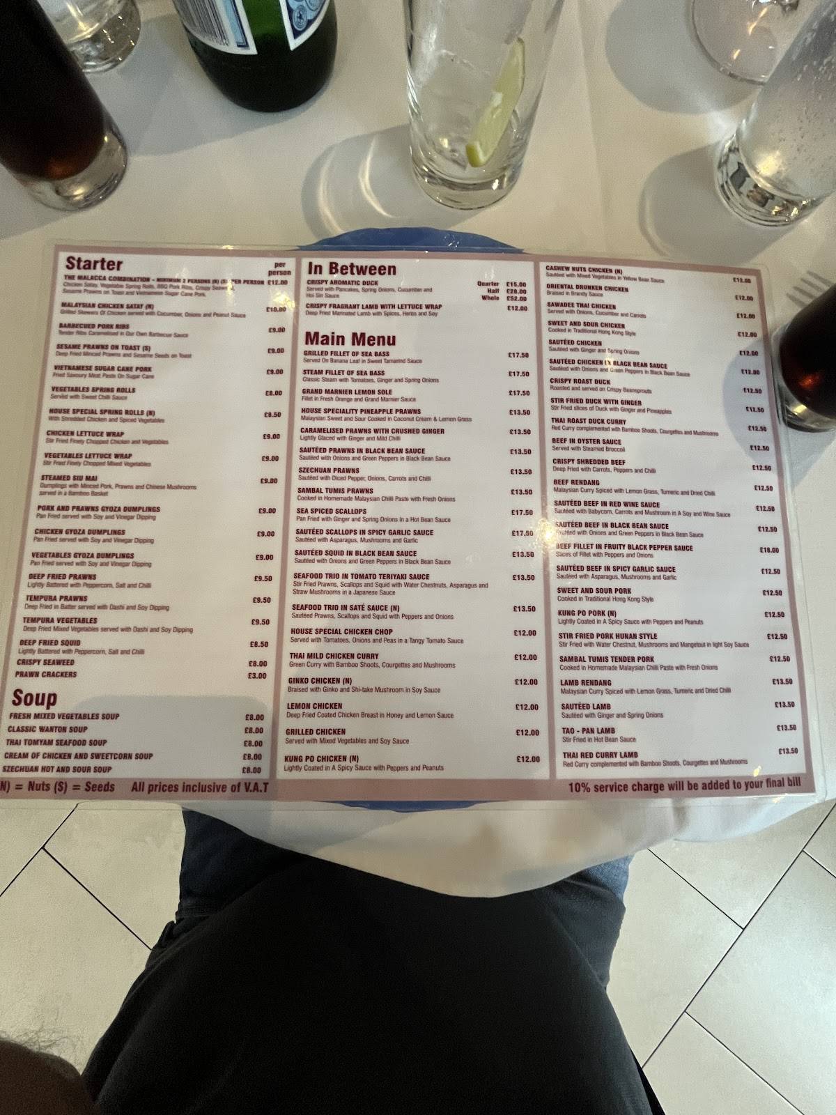 Menu at Malacca restaurant, Farnborough