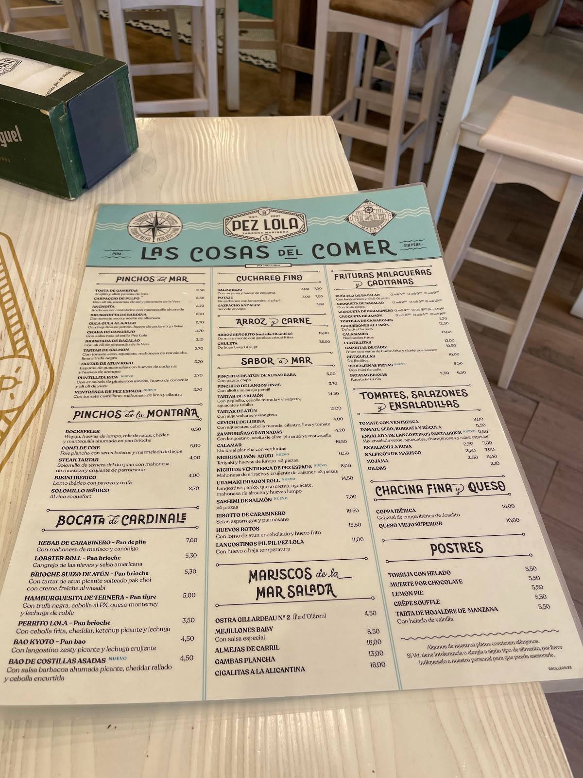 Carta del restaurante Pez Lola, Málaga