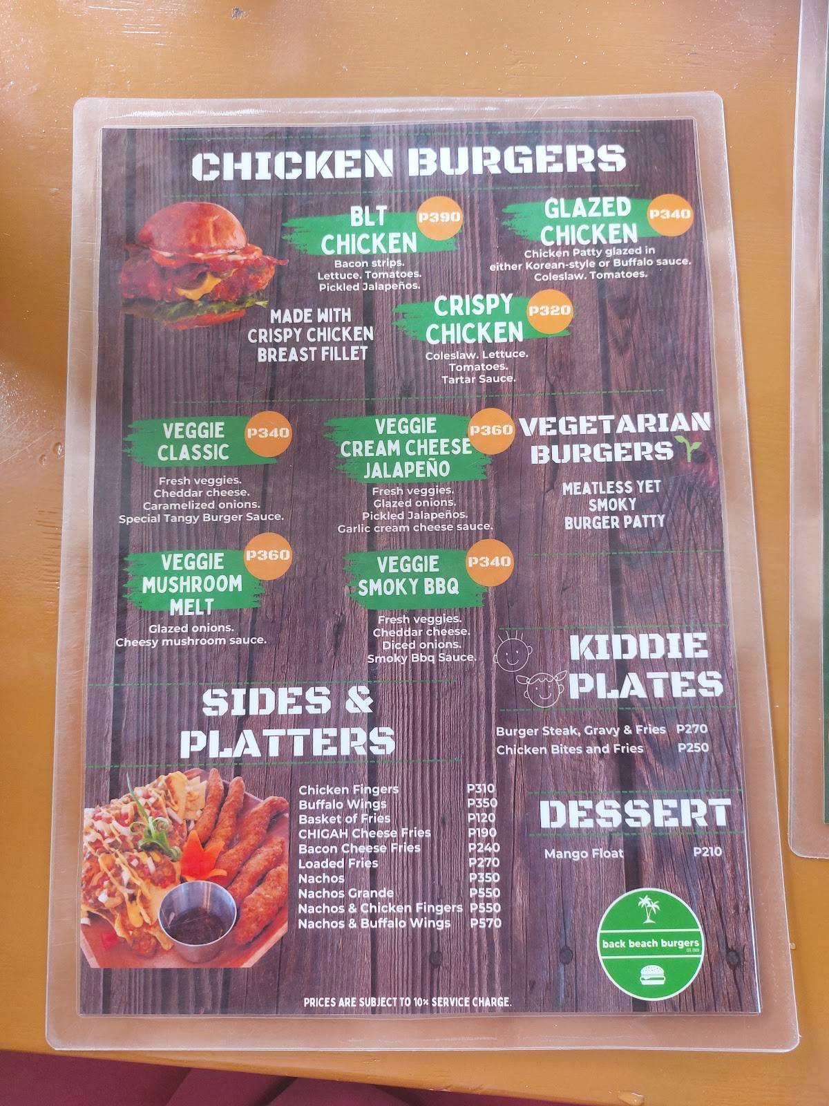 Menu at Back Beach Burgers Boracay restaurant, Malay