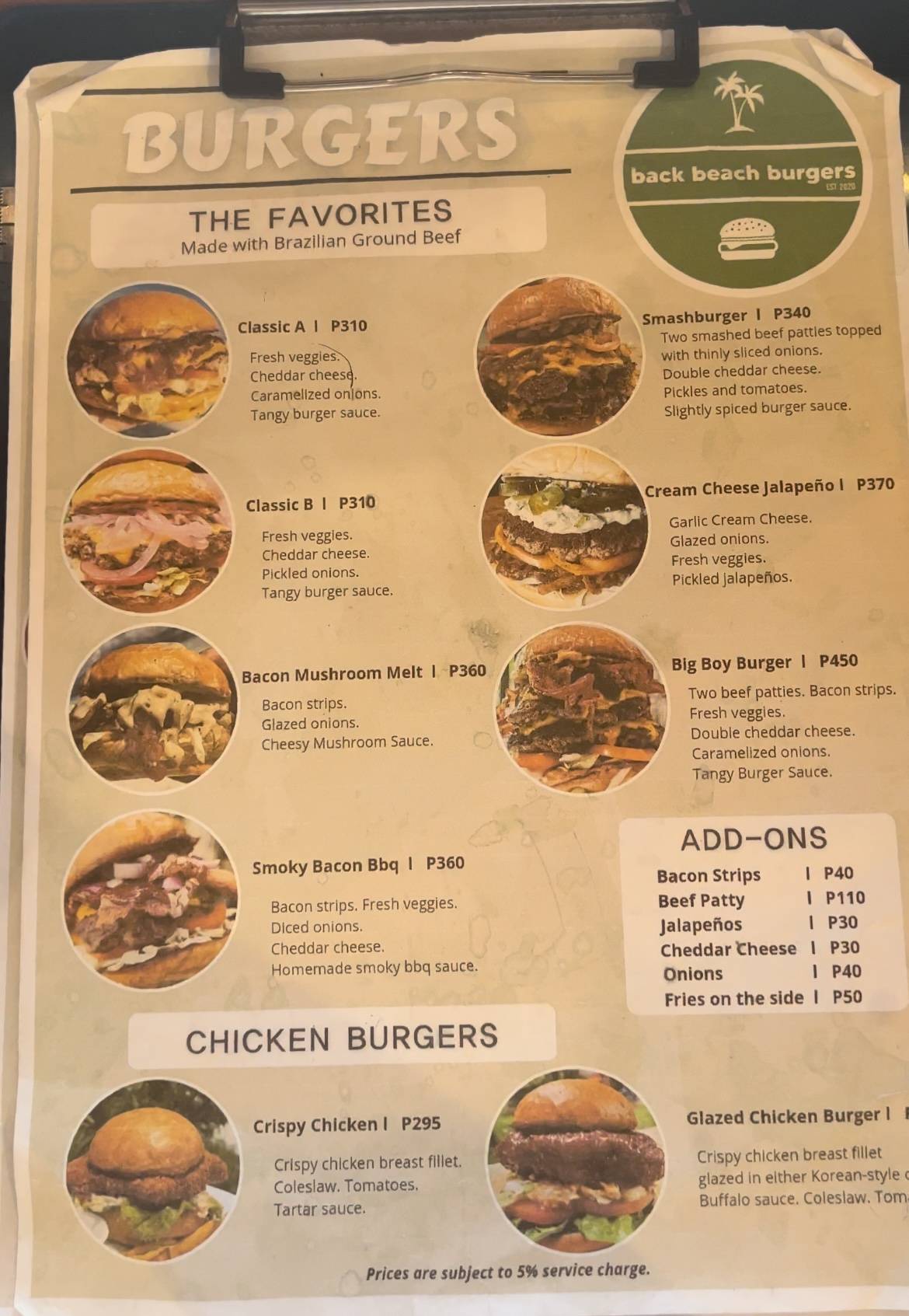 Carta del restaurante Back Beach Burgers Boracay, Malay