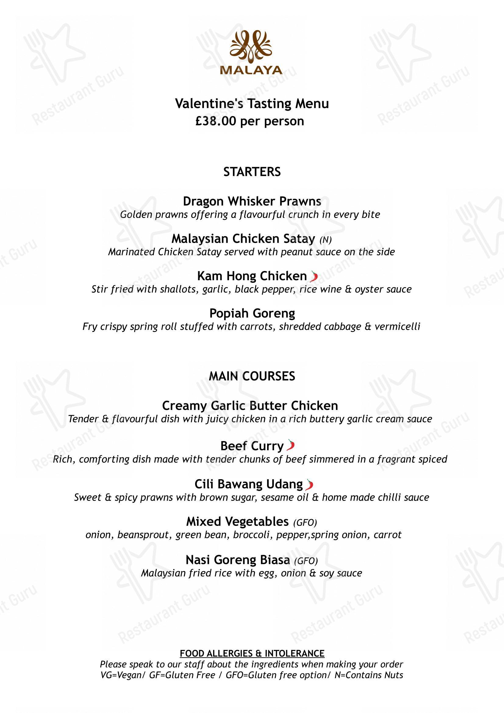 Menu at Malaya restaurant, South Benfleet