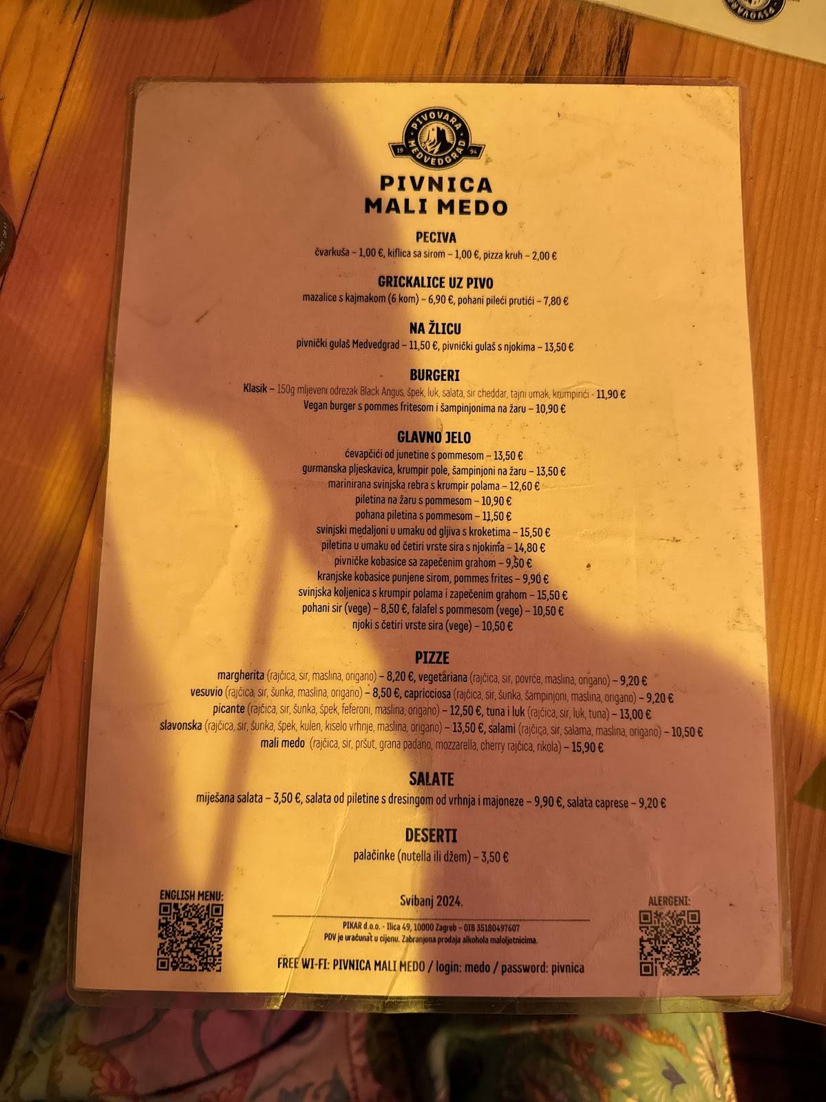 Menu da Mali Medo pub & bar, Zagabria