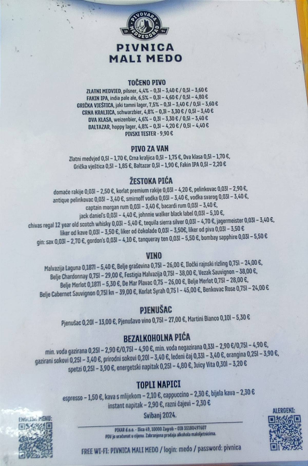Menu da Mali Medo pub & bar, Zagabria