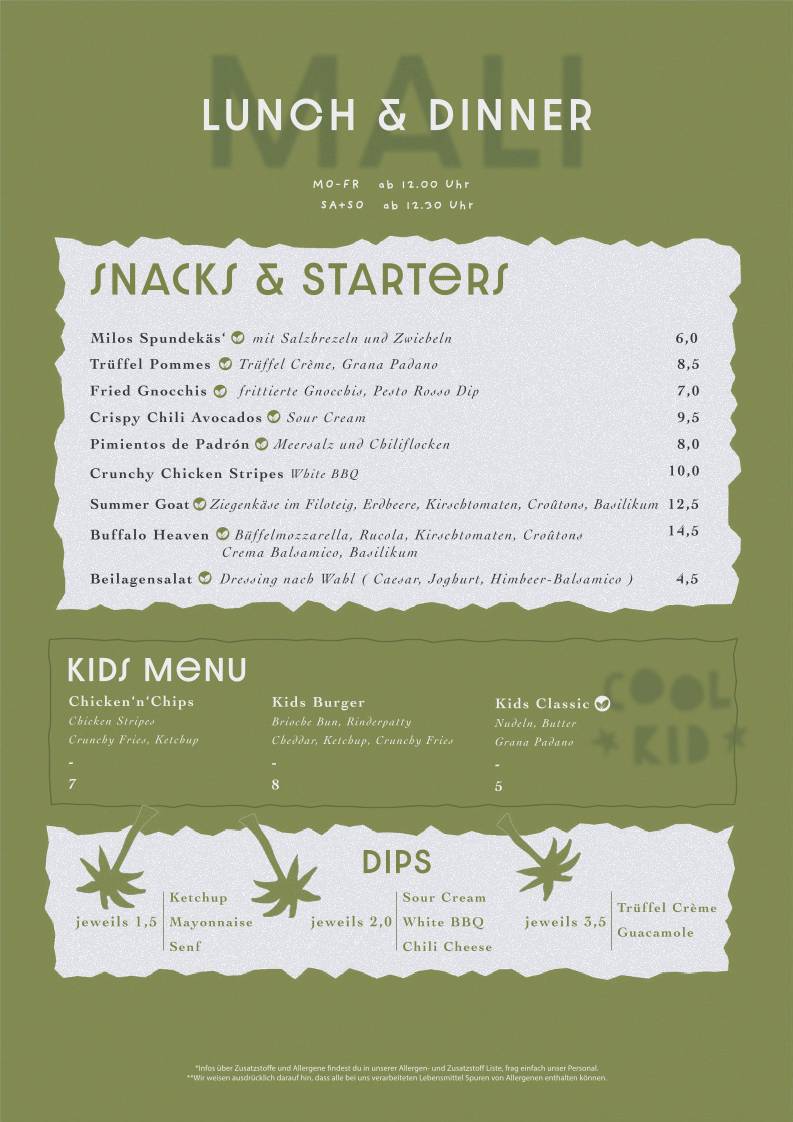 Speisekarte von Mali & Milo - Frühstück, Lunch, Dinner und Bar, Mainz