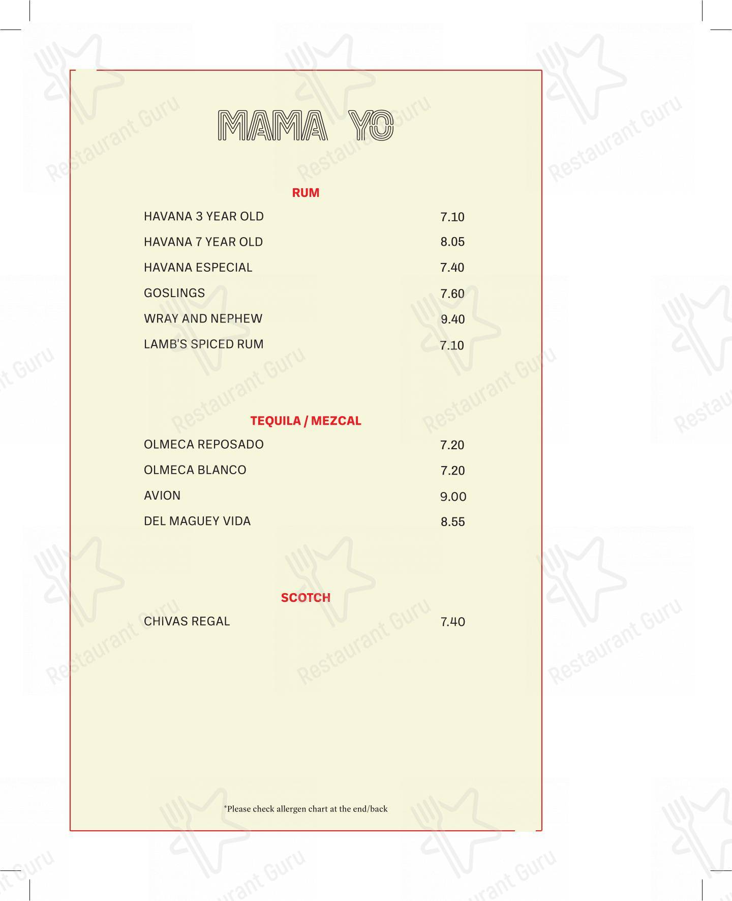 Menu at Mama Yo restaurant, Dublin