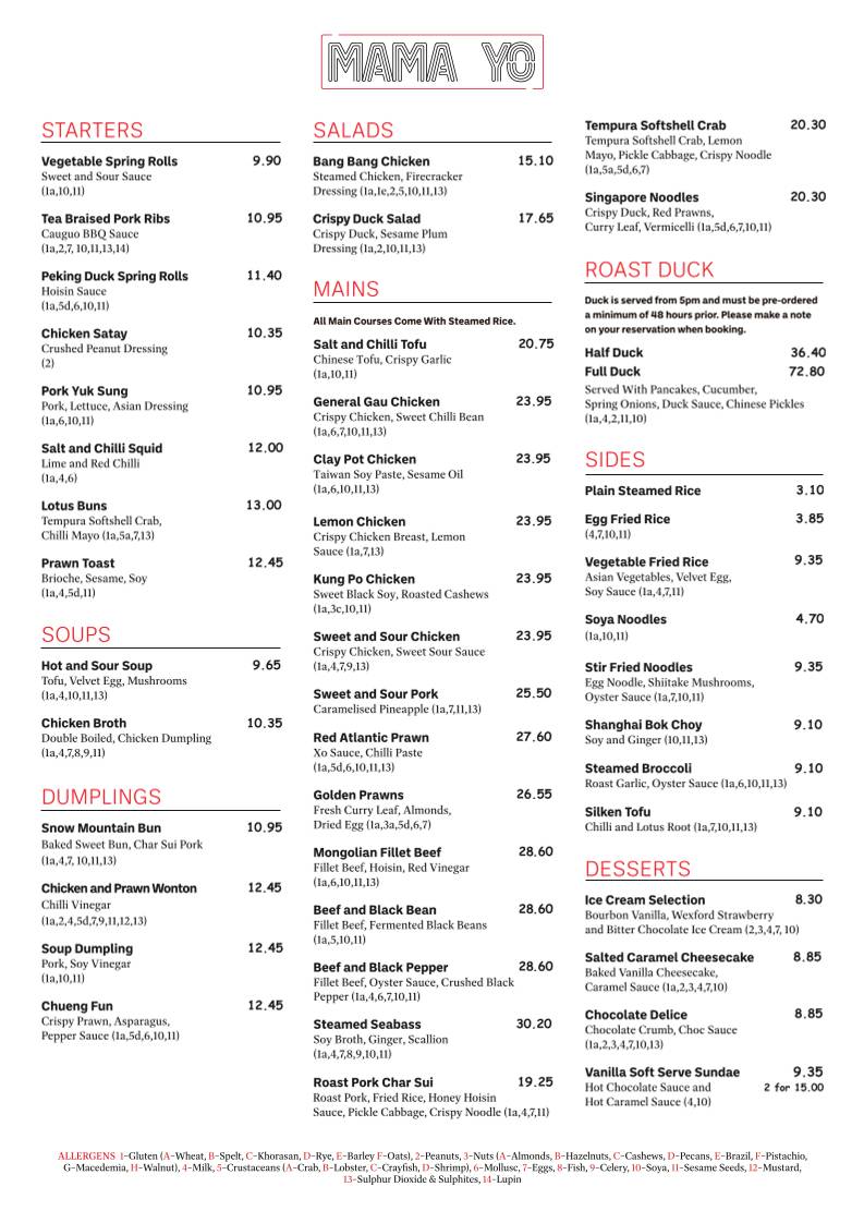 Menu at Mama Yo restaurant, Dublin