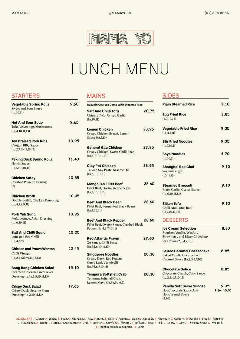 Menu at Mama Yo restaurant, Dublin