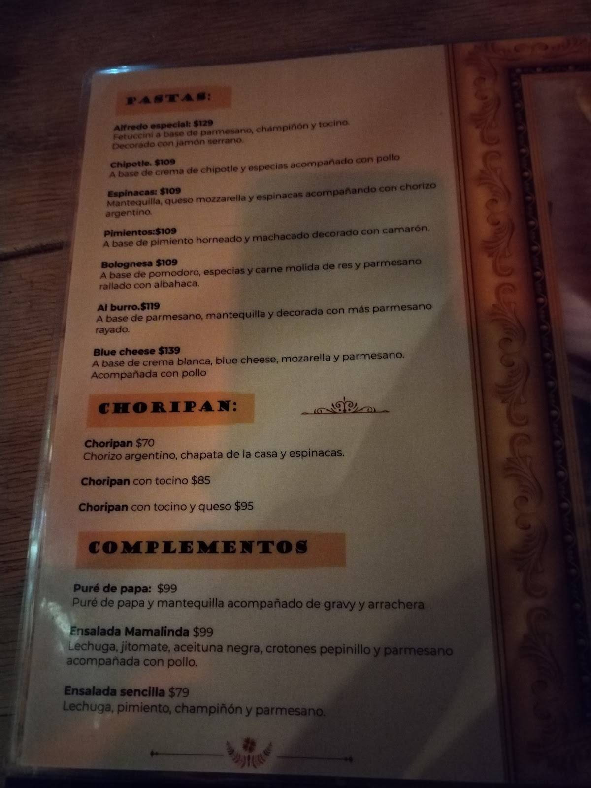 Menu at Mamalinda “Del Codo” restaurant, Aguascalientes