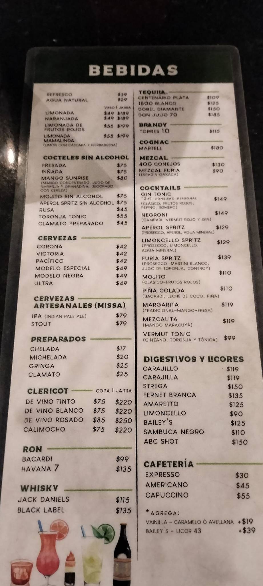 Carta del restaurante Mamalinda “Del Codo”, Aguascalientes
