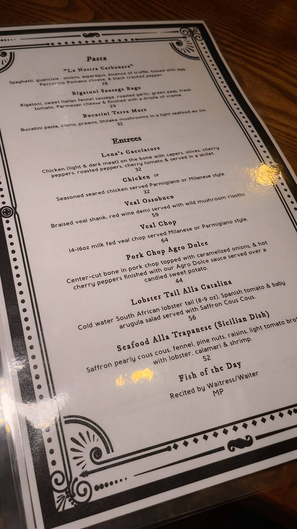 Menu at Mamma Lena's Trattoria restaurant, Ventnor City