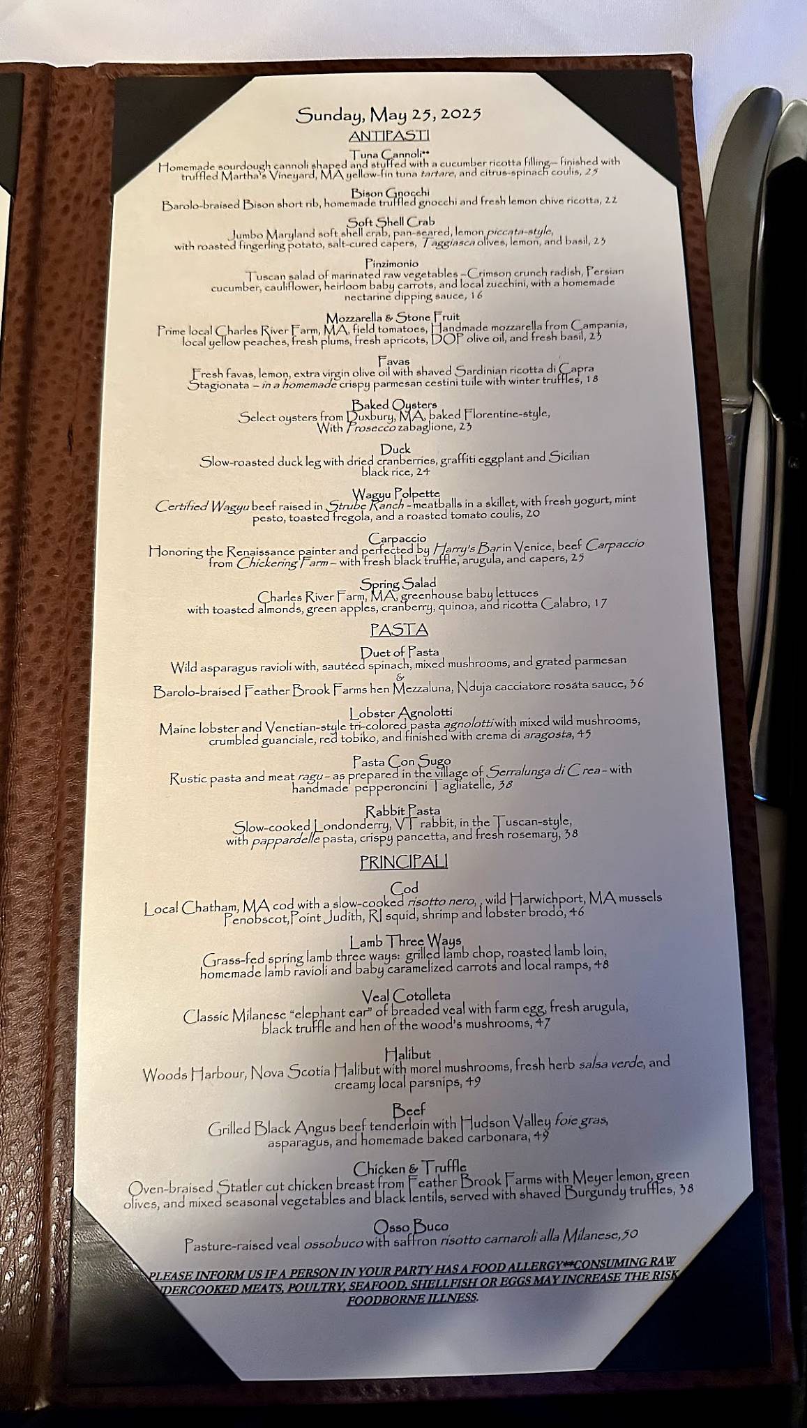 Menu at Mamma Maria restaurant, Boston
