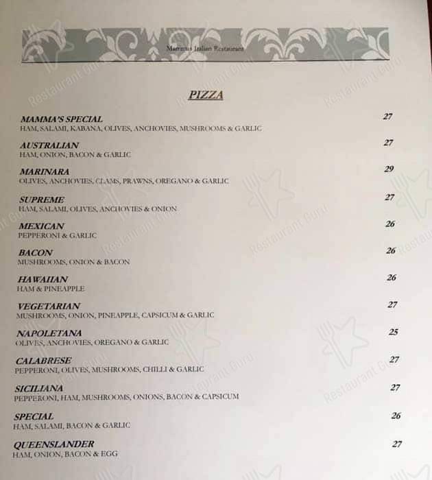 Menu at Mamma's Italian Restaurant, Redcliffe