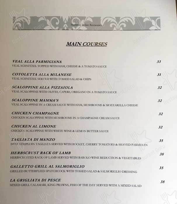 Menu at Mamma's Italian Restaurant, Redcliffe
