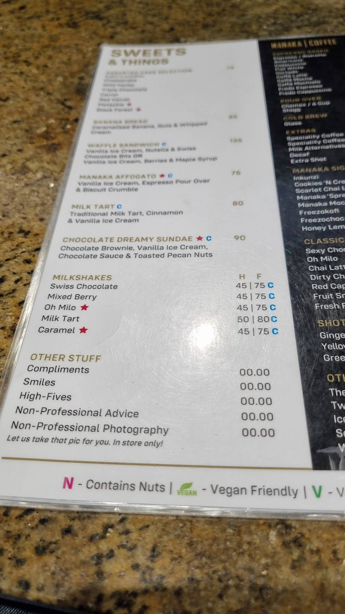 Menu au Manaka Coffee Rand Steam, Johannesburg