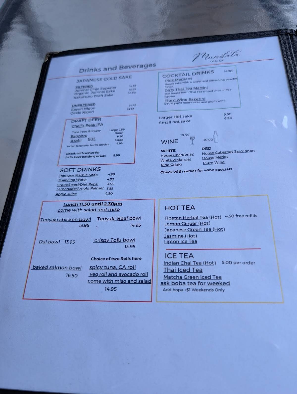 Menu at Mandala Restaurant - Tibetan, Japanese and Indian, Ojai