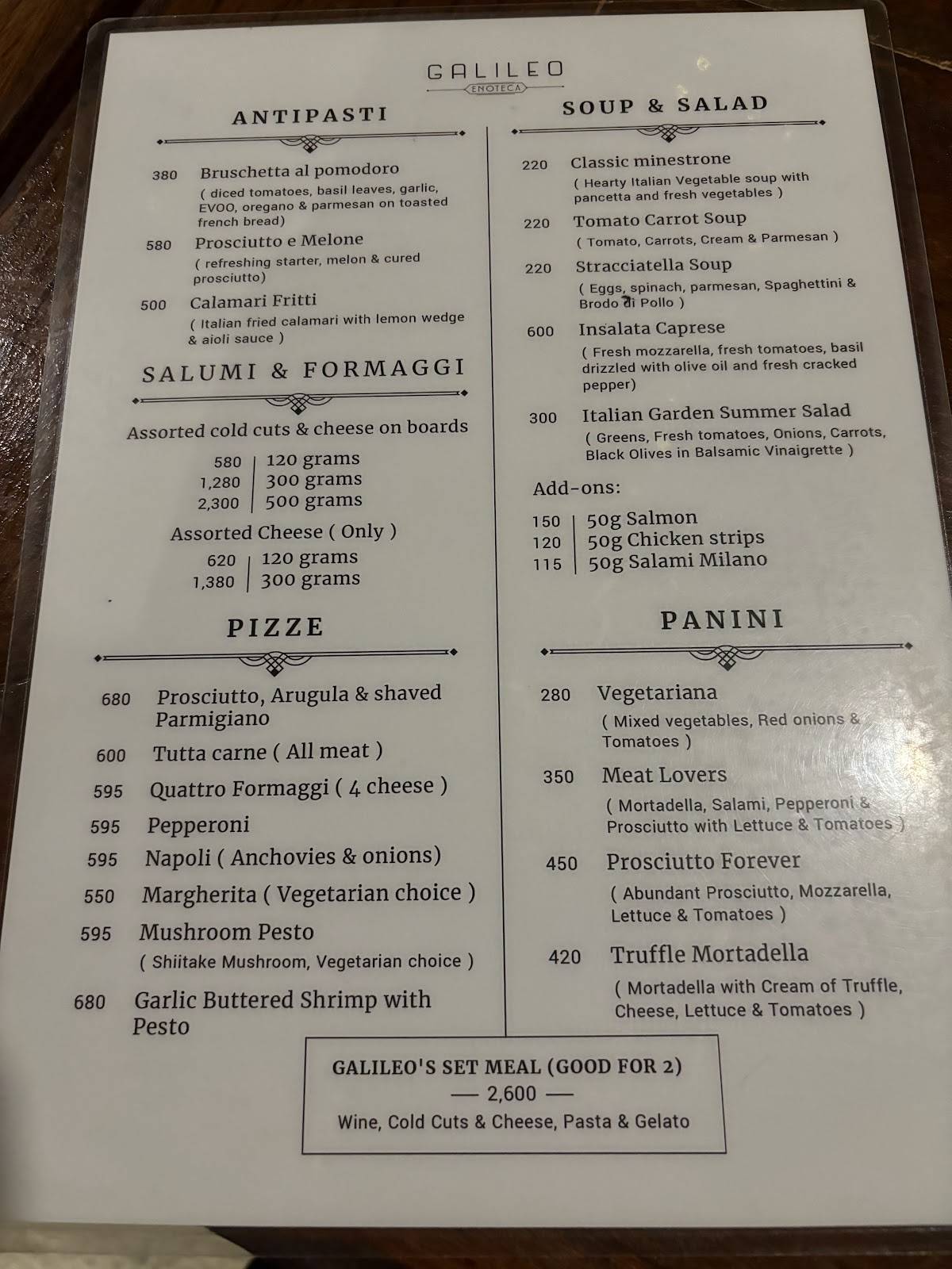 Menu at Galileo Enoteca Deli restaurant, Mandaluyong