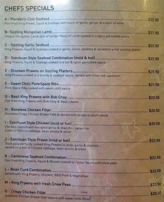Menu at Mandarin Coin Restaurant, Ridgehaven, North East Road