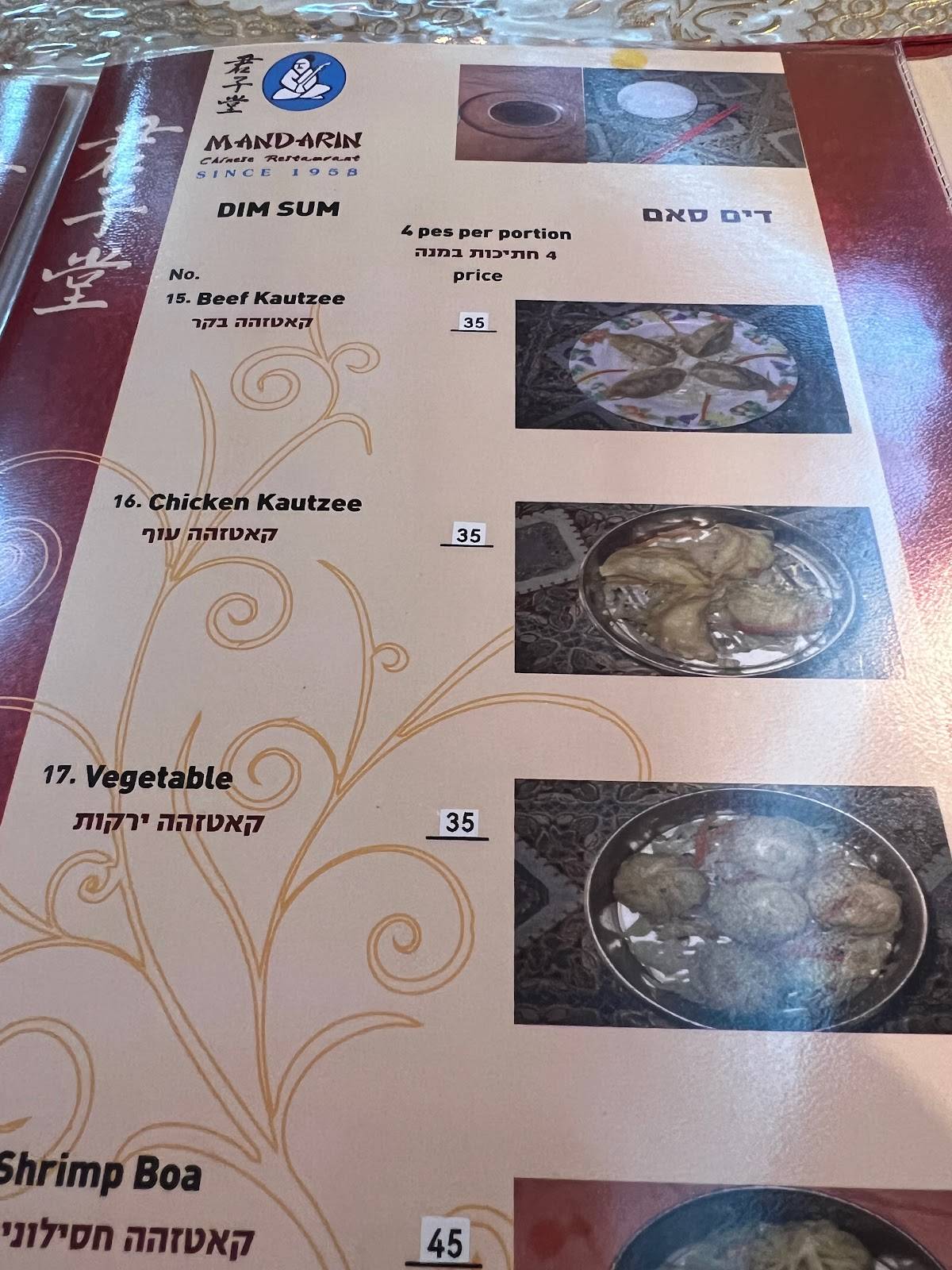 Menu at Mandarin restaurant, Jerusalem